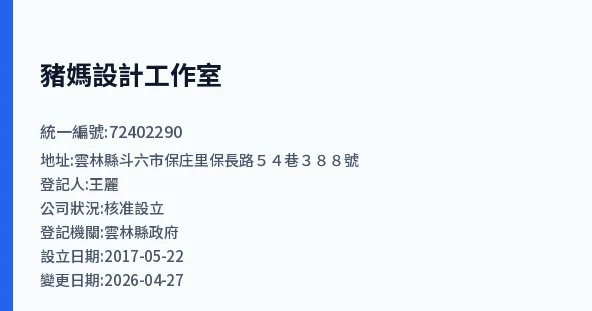 豬媽設計工作室的照片-統編 72402290(雲林縣) 公司登記資料與營業項目詳細圖表