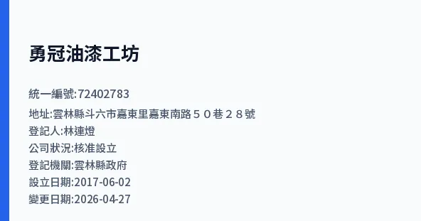 勇冠油漆工坊的照片-統編 72402783(雲林縣) 公司登記資料與營業項目詳細圖表