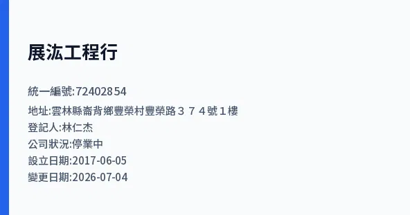 展汯工程行的照片-統編 72402854(雲林縣) 公司登記資料與營業項目詳細圖表