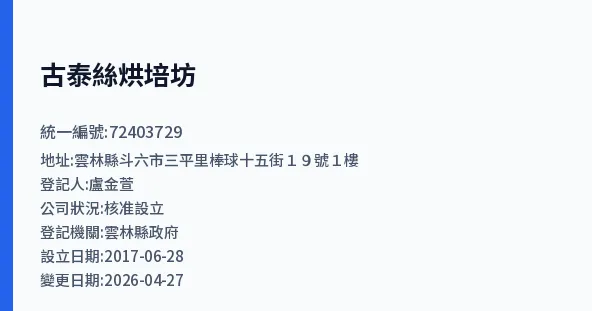古泰絲烘培坊的照片-統編 72403729(雲林縣) 公司登記資料與營業項目詳細圖表