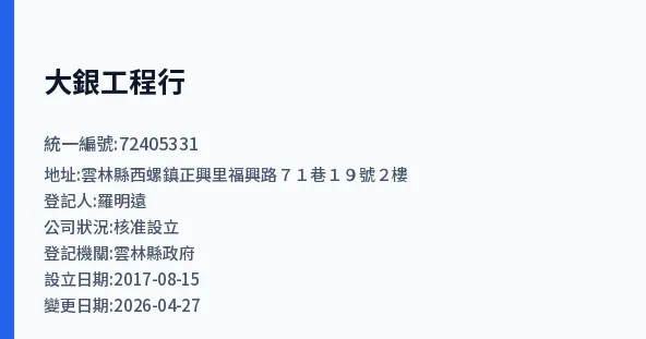 大銀工程行的照片-統編 72405331(雲林縣) 公司登記資料與營業項目詳細圖表