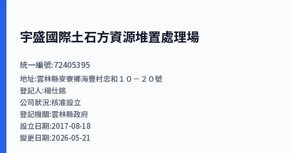 宇盛國際土石方資源堆置處理場的照片-統編 72405395(雲林縣) 公司登記資料與營業項目詳細圖表