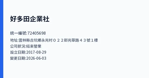 好多田企業社的照片-統編 72405698(雲林縣) 公司登記資料與營業項目詳細圖表