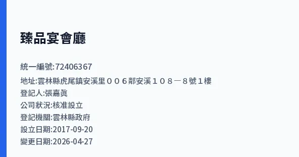 臻品宴會廳的照片-統編 72406367(雲林縣) 公司登記資料與營業項目詳細圖表