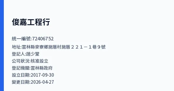 俊嘉工程行的照片-統編 72406752(雲林縣) 公司登記資料與營業項目詳細圖表