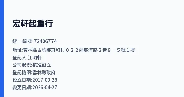 宏軒起重行的照片-統編 72406774(雲林縣) 公司登記資料與營業項目詳細圖表