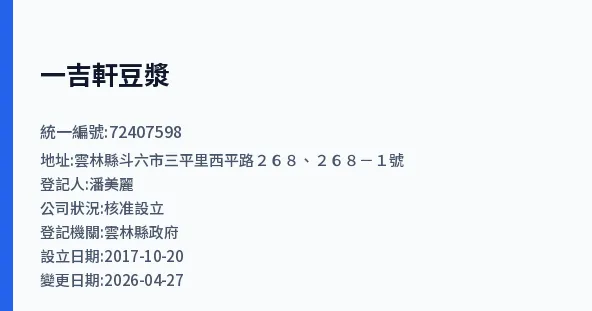 一吉軒豆漿的照片-統編 72407598(雲林縣) 公司登記資料與營業項目詳細圖表