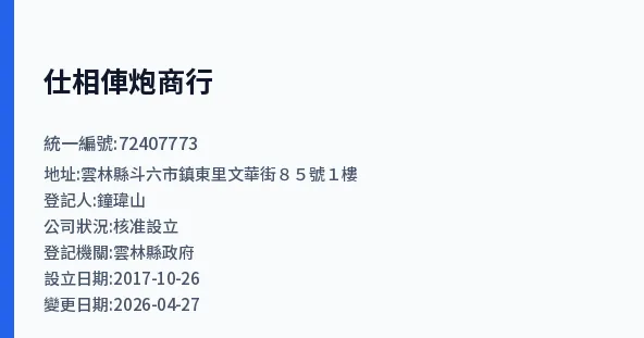 仕相俥炮商行的照片-統編 72407773(雲林縣) 公司登記資料與營業項目詳細圖表