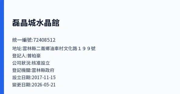 磊晶城水晶館的照片-統編 72408512(雲林縣) 公司登記資料與營業項目詳細圖表