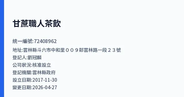 甘蔗職人茶飲的照片-統編 72408962(雲林縣) 公司登記資料與營業項目詳細圖表