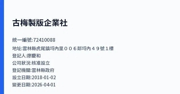 古梅製版企業社的照片-統編 72410088(雲林縣) 公司登記資料與營業項目詳細圖表
