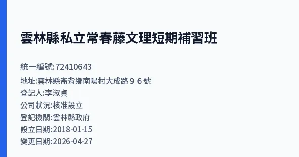 雲林縣私立常春藤文理短期補習班的照片-統編 72410643(雲林縣) 公司登記資料與營業項目詳細圖表