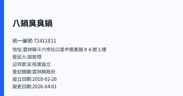 八鍋臭臭鍋的照片-統編 72411811(雲林縣) 公司登記資料與營業項目詳細圖表