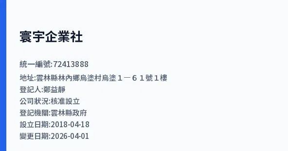 寰宇企業社的照片-統編 72413888(雲林縣) 公司登記資料與營業項目詳細圖表