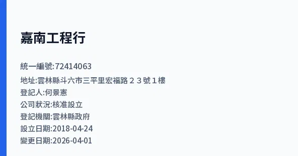 嘉南工程行的照片-統編 72414063(雲林縣) 公司登記資料與營業項目詳細圖表