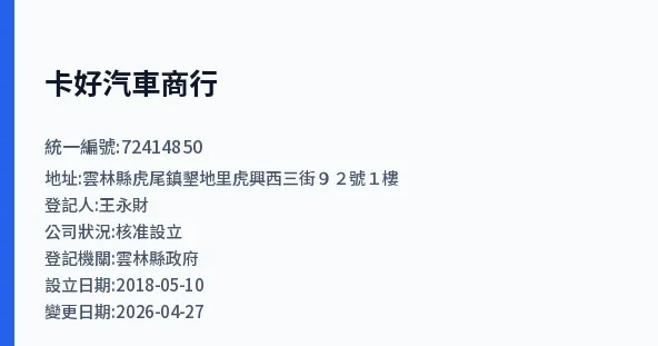 卡好汽車商行的照片-統編 72414850(雲林縣) 公司登記資料與營業項目詳細圖表