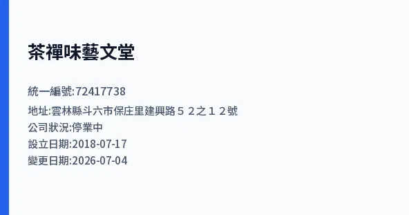 茶禪味藝文堂的照片-統編 72417738(雲林縣) 公司登記資料與營業項目詳細圖表