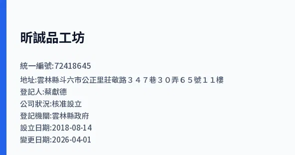 昕誠品工坊的照片-統編 72418645(雲林縣) 公司登記資料與營業項目詳細圖表