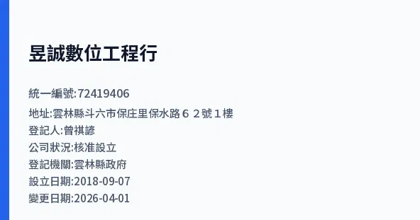 昱誠數位工程行的照片-統編 72419406(雲林縣) 公司登記資料與營業項目詳細圖表
