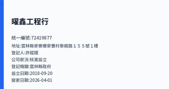 曜鑫工程行的照片-統編 72419877(雲林縣) 公司登記資料與營業項目詳細圖表