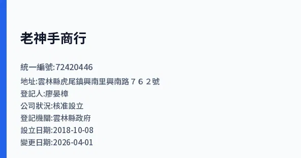 老神手商行的照片-統編 72420446(雲林縣) 公司登記資料與營業項目詳細圖表