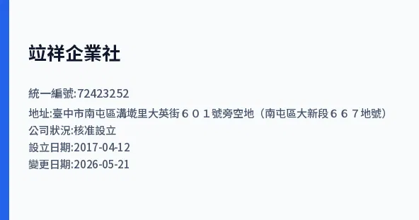 竝祥企業社的照片-統編 72423252(臺中市) 公司登記資料與營業項目詳細圖表