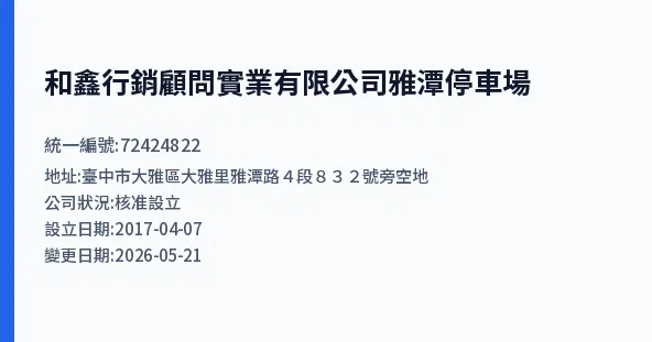 和鑫行銷顧問實業有限公司雅潭停車場的照片-統編 72424822(臺中市) 公司登記資料與營業項目詳細圖表