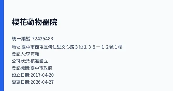 櫻花動物醫院的照片-統編 72425483(臺中市) 公司登記資料與營業項目詳細圖表
