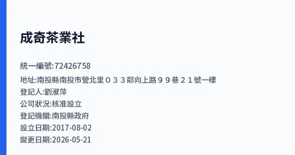 成奇茶業社的照片-統編 72426758(南投縣) 公司登記資料與營業項目詳細圖表