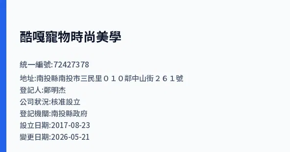 酷嘎寵物時尚美學的照片-統編 72427378(南投縣) 公司登記資料與營業項目詳細圖表