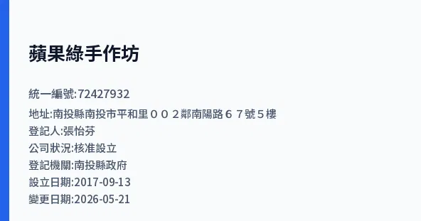 蘋果綠手作坊的照片-統編 72427932(南投縣) 公司登記資料與營業項目詳細圖表