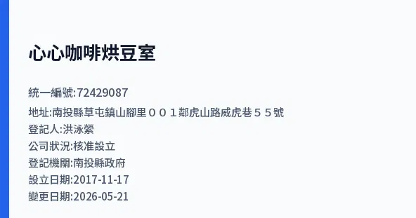 心心咖啡烘豆室的照片-統編 72429087(南投縣) 公司登記資料與營業項目詳細圖表