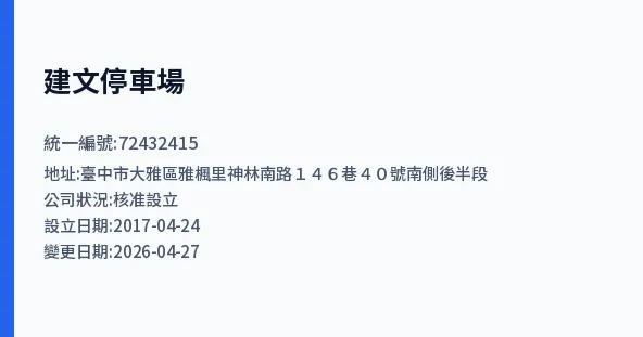 建文停車場的照片-統編 72432415(臺中市) 公司登記資料與營業項目詳細圖表