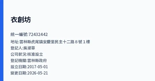 衣創坊的照片-統編 72432442(雲林縣) 公司登記資料與營業項目詳細圖表