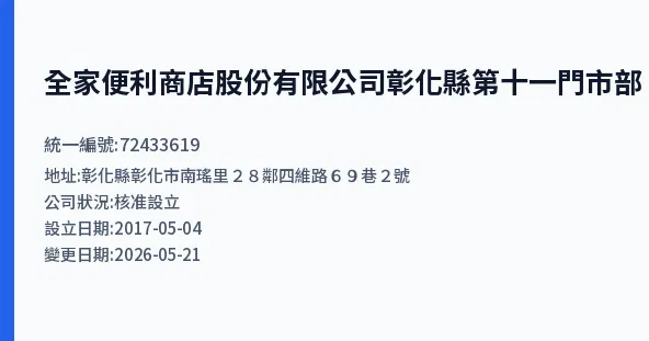 全家便利商店股份有限公司彰化縣第十一門市部的照片-統編 72433619(彰化縣) 公司登記資料與營業項目詳細圖表