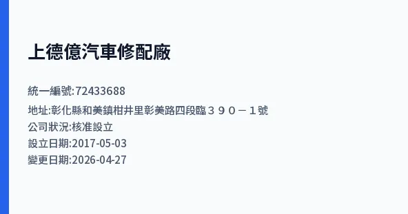上德億汽車修配廠的照片-統編 72433688(彰化縣) 公司登記資料與營業項目詳細圖表