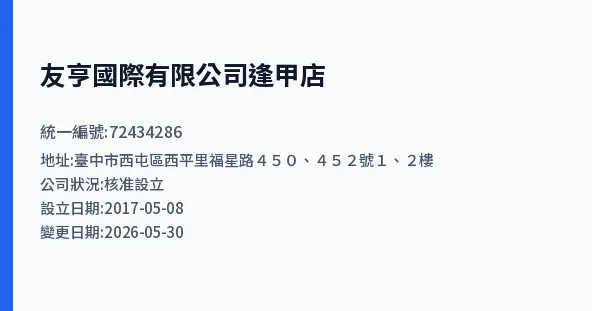 友亨國際有限公司逢甲店的照片-統編 72434286(臺中市) 公司登記資料與營業項目詳細圖表