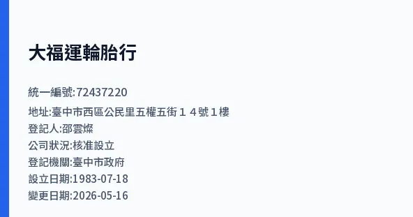 大福運輪胎行的照片-統編 72437220(臺中市) 公司登記資料與營業項目詳細圖表