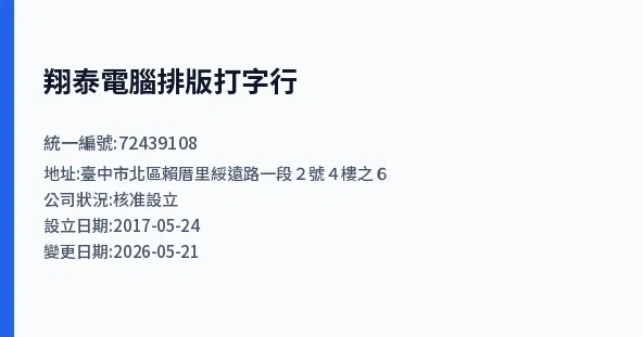 翔泰電腦排版打字行的照片-統編 72439108(臺中市) 公司登記資料與營業項目詳細圖表