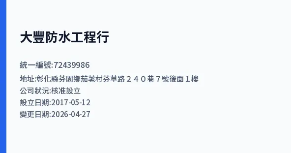 大豐防水工程行的照片-統編 72439986(彰化縣) 公司登記資料與營業項目詳細圖表