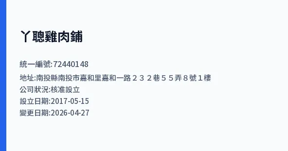 丫聰雞肉鋪的照片-統編 72440148(南投縣) 公司登記資料與營業項目詳細圖表