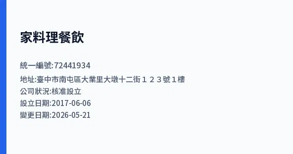 家料理餐飲的照片-統編 72441934(臺中市) 公司登記資料與營業項目詳細圖表