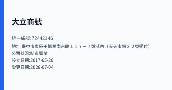 大立商號的照片-統編 72442146(臺中市) 公司登記資料與營業項目詳細圖表