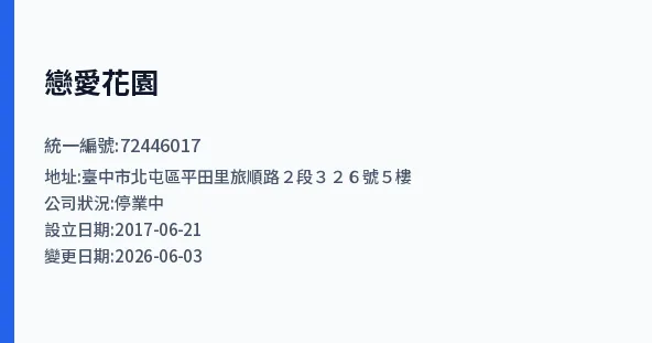 戀愛花園的照片-統編 72446017(臺中市) 公司登記資料與營業項目詳細圖表