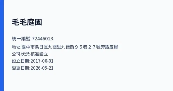 毛毛庭園的照片-統編 72446023(臺中市) 公司登記資料與營業項目詳細圖表