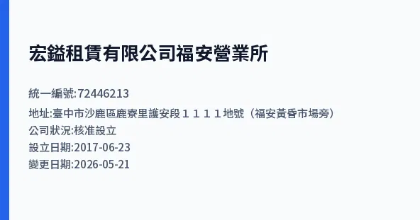 宏鎰租賃有限公司福安營業所的照片-統編 72446213(臺中市) 公司登記資料與營業項目詳細圖表