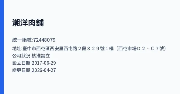 潮洋肉舖的照片-統編 72448079(臺中市) 公司登記資料與營業項目詳細圖表