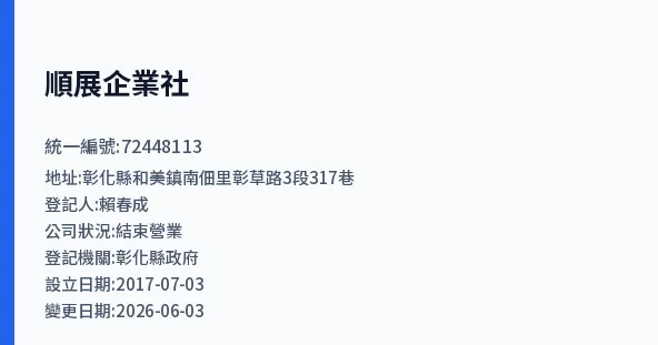 順展企業社的照片-統編 72448113(彰化縣) 公司登記資料與營業項目詳細圖表