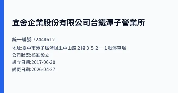 宜舍企業股份有限公司台鐵潭子營業所的照片-統編 72448612(臺中市) 公司登記資料與營業項目詳細圖表