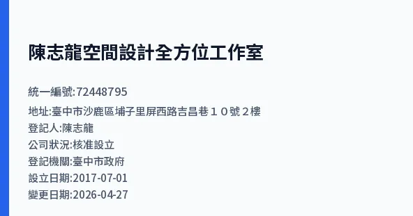 陳志龍空間設計全方位工作室的照片-統編 72448795(臺中市) 公司登記資料與營業項目詳細圖表